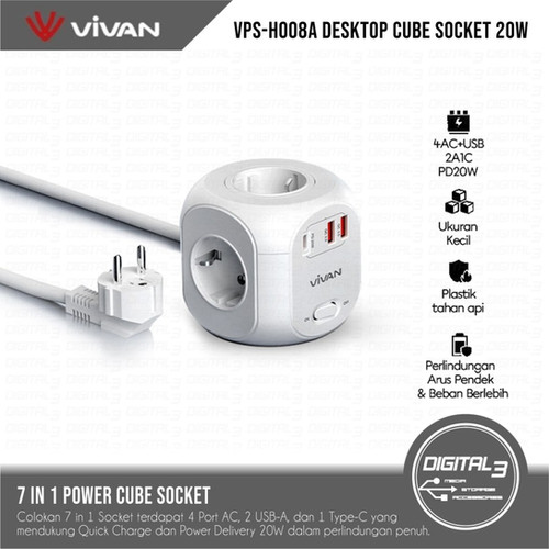 VIVAN VPS-H008A 7 in 1 Colokan Listrik Desktop Cube Power Socket 20W ...
