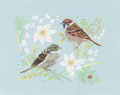 Blossom Hedge Sparrows Printed Fabric Only | Nicola Jarvis Studio