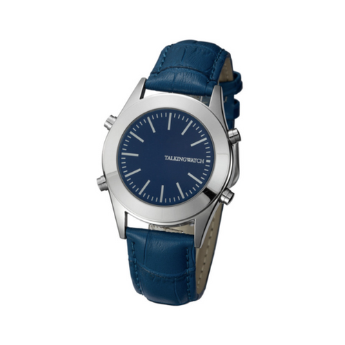 Reloj parlante dial azul con correa cuero azul | Braille Perú