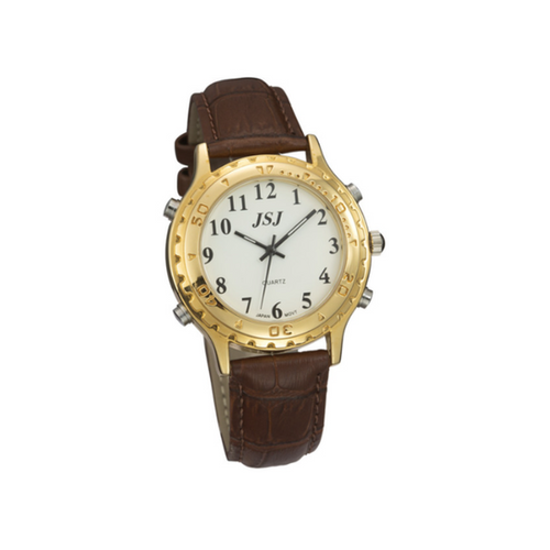 Reloj parlante metal/dorado correa de cuero café | Braille Chile