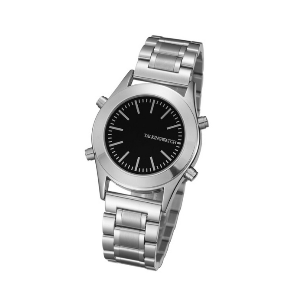 Reloj parlante dial negro con correa acero inoxidable | Braille Perú