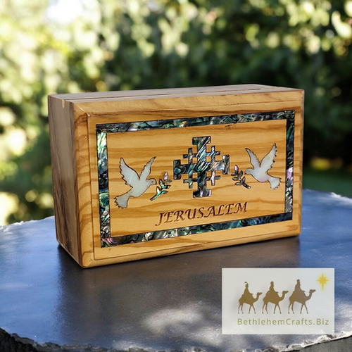 Ornate Olive Wood Jewelry Box w Jerusalem Cross - Keepsake Ring or ...