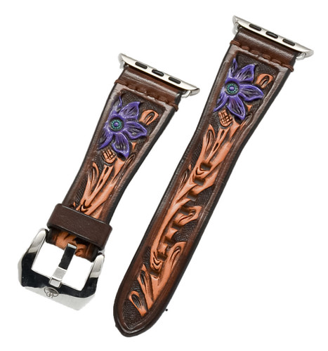 Leather Watch Band - Hand Carved Floral Design, Purple Flower | Hadlock ...
