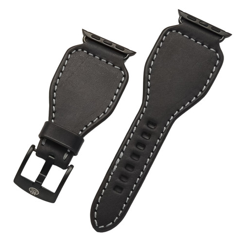 Leather watch band- English Bridle leather, Black with Gray thread ...