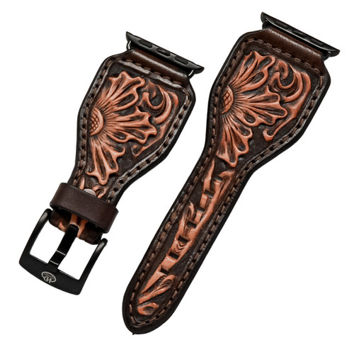 Leather Watch Band - Hand Carved Sheridan Flower Design | Hadlock Designs