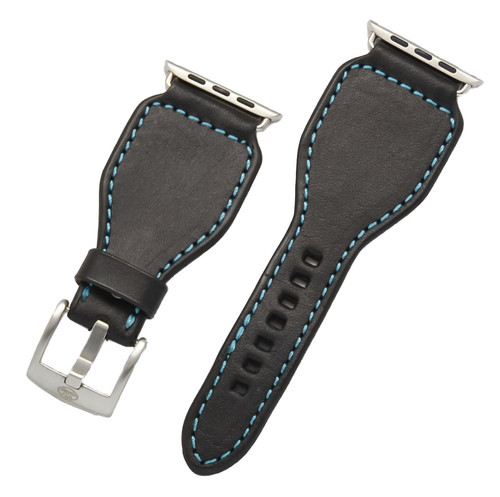 Leather watch band- English Bridle leather, Black with Turquoise thread ...