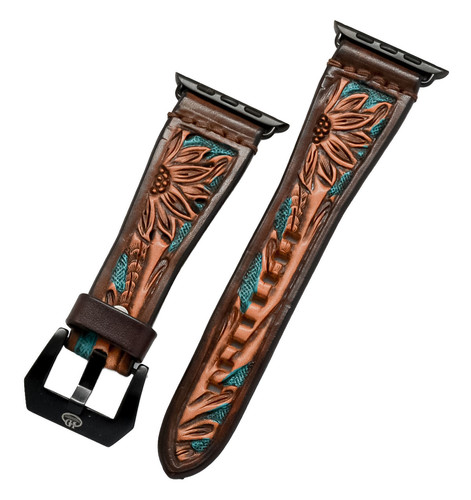 Leather Watch Band - Hand Carved Sunflower, Turquoise Background ...