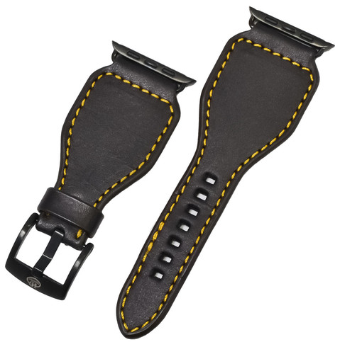 Leather watch band- English Bridle leather, Black with Yellow thread ...