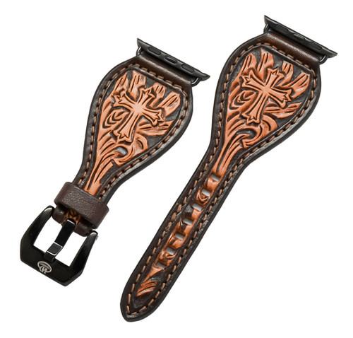 Leather Watch Band - Hand Carved Cross Design, Brown | Hadlock Designs
