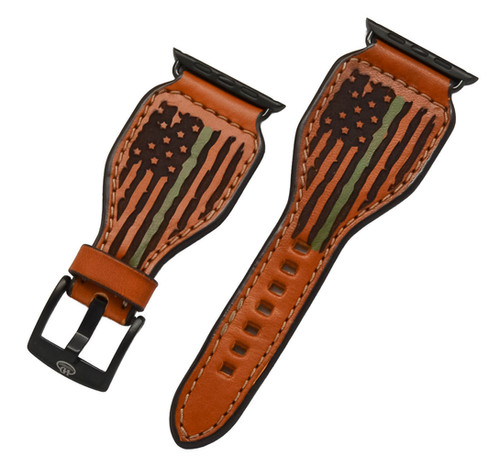 Leather Watchband, Laser etched American Flag, Thin Green line ...
