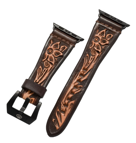 Leather Watch Band - Hand Carved Floral Design, Brown | Hadlock Designs