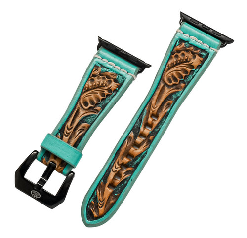 Leather Watch Band - Hand Carved Oak Design, Turquoise | Hadlock Designs