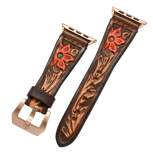 Leather Watch Band - Hand Carved Floral Design, Orange Flower | Hadlock ...