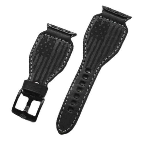 Leather Watch Band, Laser etched American Flag, Black | Hadlock Designs