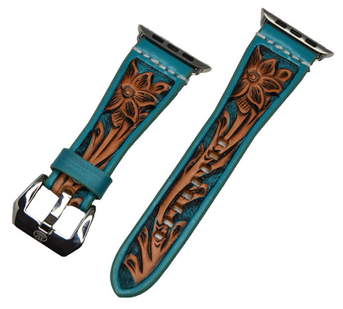 Leather Watch Band - Hand Carved Floral Design, Turquoise | Hadlock Designs