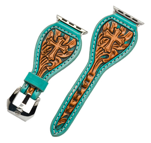 Leather Watch Band - Hand Carved Cross Design, Turquoise | Hadlock Designs