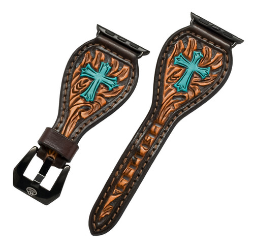 Leather Watch Band, Hand Carved Turquoise Cross Design | Hadlock Designs