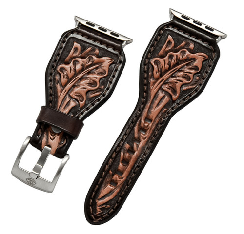 Leather Watch Band - Hand Carved Maple Leaf Design | Hadlock Designs