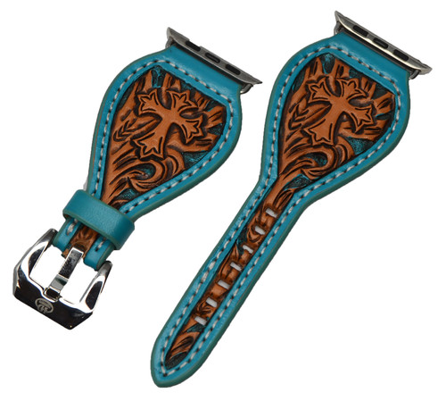 Leather Watch Band_Cross Design_Turquoise | hadlock-designs