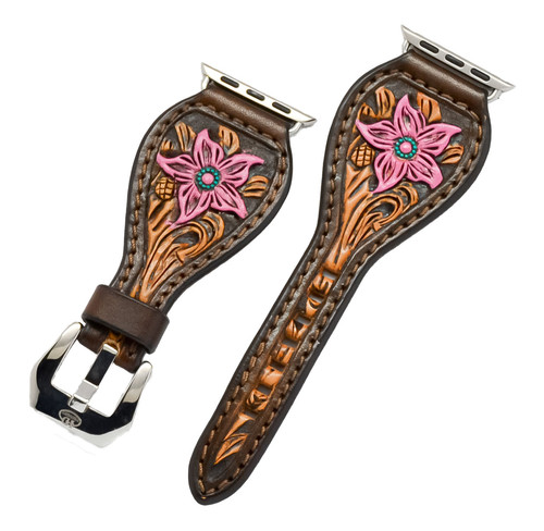 Leather Watch Band - Hand Carved Floral Design, Pink Flower | Hadlock ...