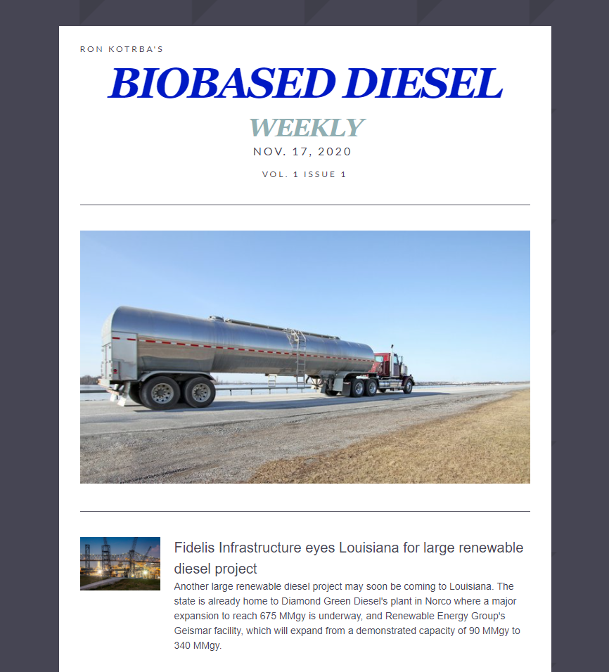 Biobased Diesel Daily rolls out free weekly e-newsletter Nov. 17