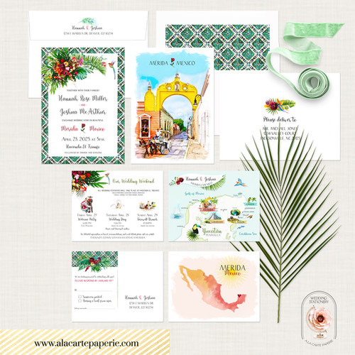 Merida Yucatan Mexico Watercolor Mexican Destination Wedding Invitation ...