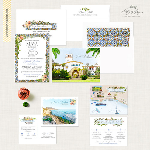 Santa Barbara CA California Watercolor Illustrated Wedding Invitation ...