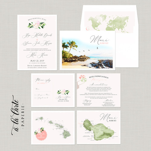 Hawaii Maui wedding invitation set watercolor illustration map