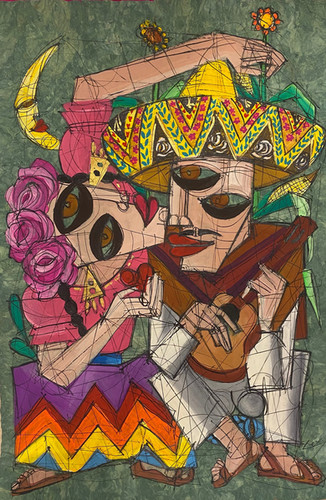 “Sobrerito magico” - “Mexican cubist" - amate paper- O. Leivaaoxn ...