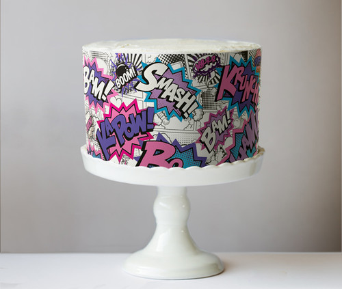 Cartoon Comic Cake pink and purple! edible cake wrap | Sugar Fables