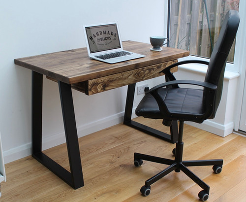 'Rustic home office desk with drawer on trapezium legs'