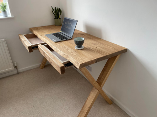 Live edge desk with 2 slow closing drawers on timber X-Frame legs