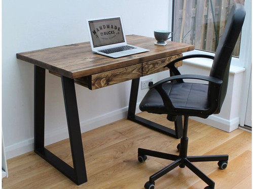 Chunky Solid Wood Desk with Drawer on Trapezium Legs