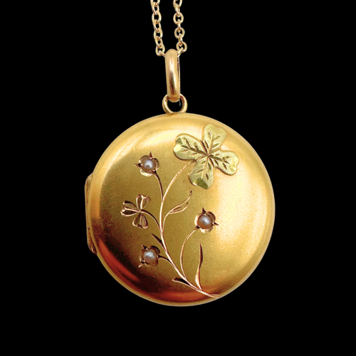 VICTORIAN –French Antique 18k GOLD & Seed Pearl Shamrock/Clover LOCKET ...