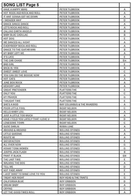 SONG LIST | Peter Tilbrook