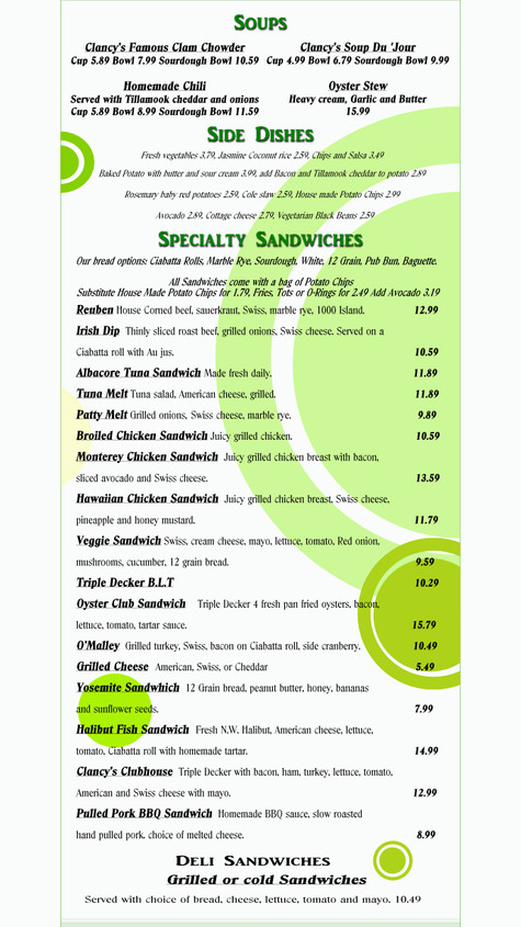 Menu | Clancy's Pub & Restaurant