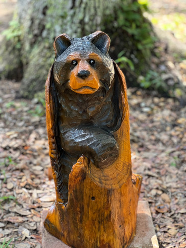 SOLD! Chainsaw Carved Sitting Bear Cub in a Log | Chainsaw Carved by N