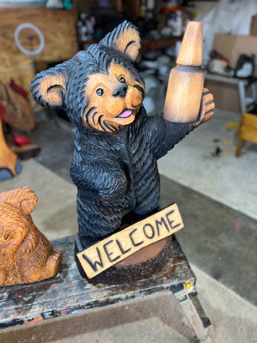 Chainsaw Carved Boozy Bear with Welcome Sign | Chainsaw Carved by N