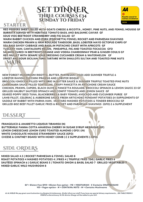 Menus | Al Molo Dorchester | Italian & Fish Restaurant | Dorset