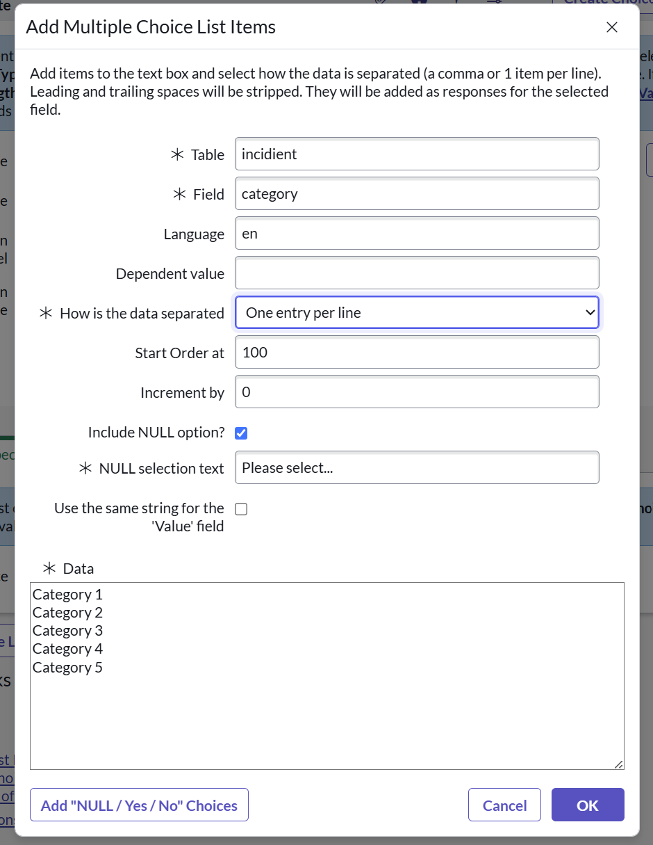 Add Multiple Choice List Items