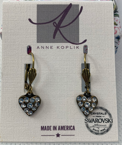 Antique brass heart shape clear crystal drop earrings | JM Jewelers