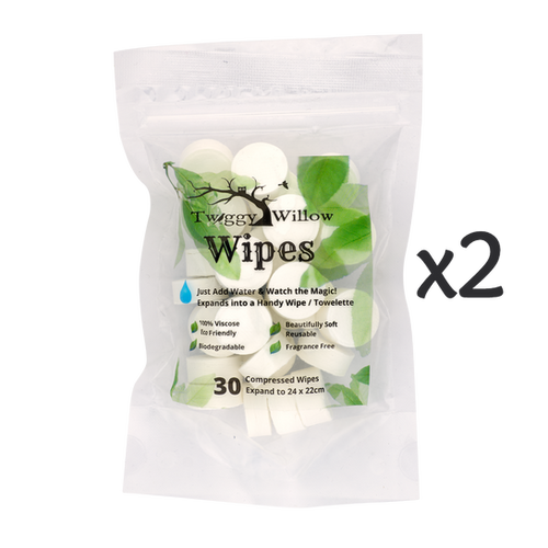 Compressed Wipes: 2x Refill Packs of 30 (TOTAL of 60) | Twiggy Willow