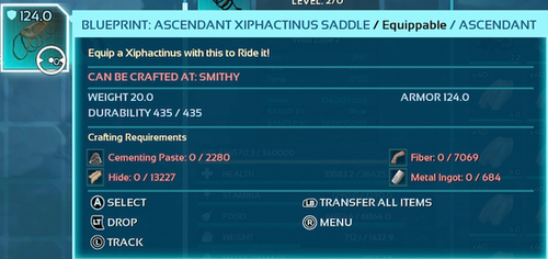 Max Ascendant Xiphactinus Saddle Blueprint (Cross PVE Bryar) | Arksales.org