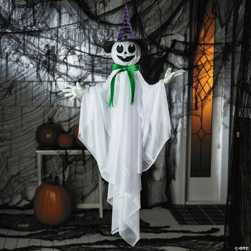 39 1/4" Animated Hanging Smiling Ghost with Witch Hat & Green Bow ...