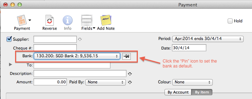 Set up the default bank account