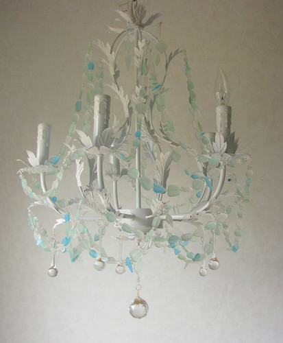 Sea Glass Chandelier Lighting White Wrought Iron Beach Glass Lighting ...