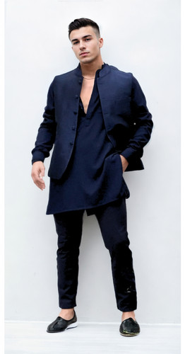 Navy Raw Silk Bandi with Short Kurta and aligarhi Slim Pajamas | Yoggithc