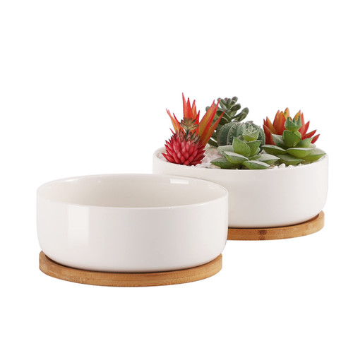 Rounded Ceramic Flat Planter with Bamboo Tray - white | Outdoor ...