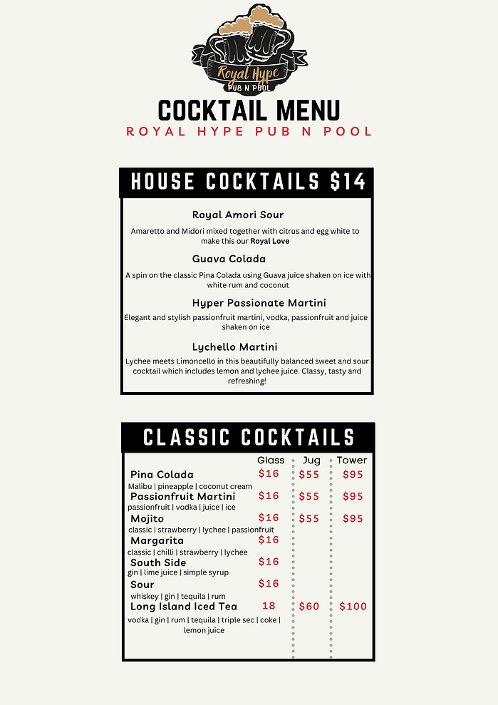 Menus | Royal Hype PubNPool