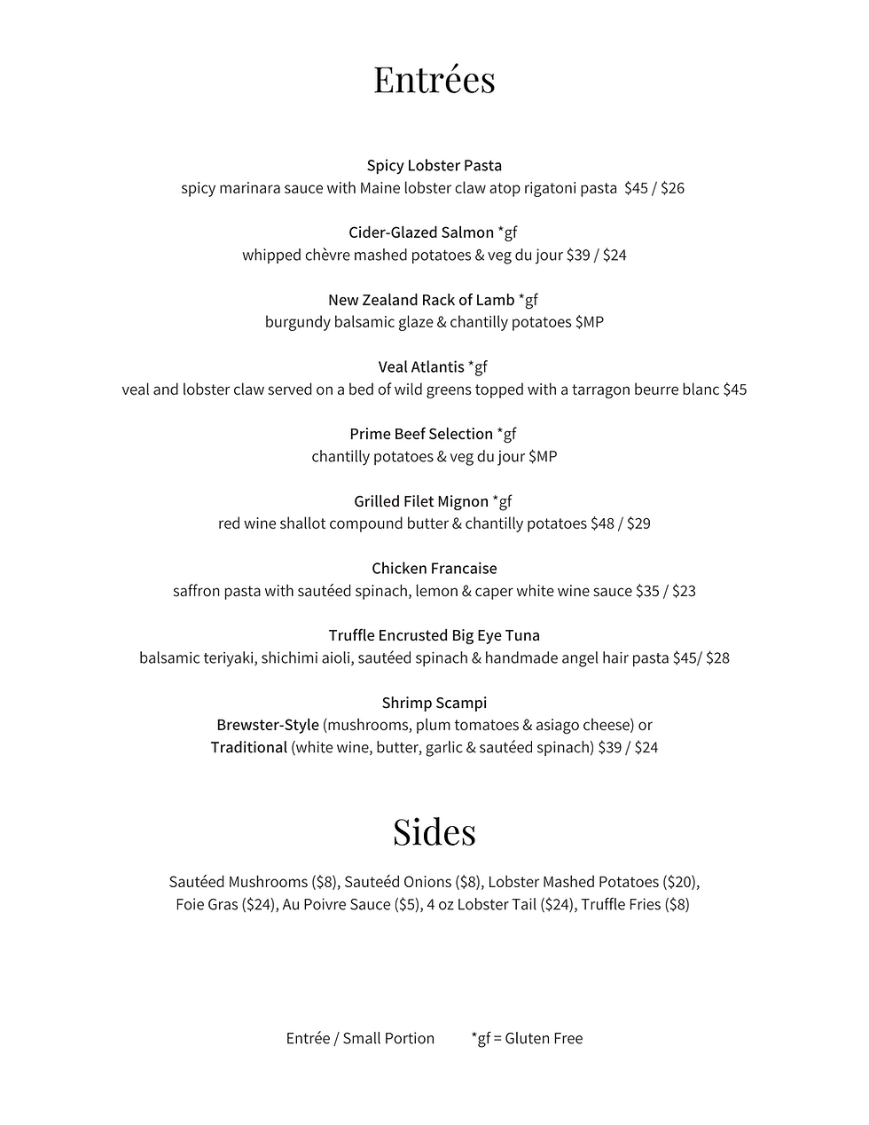 The Brewster Inn I Dinner Menu